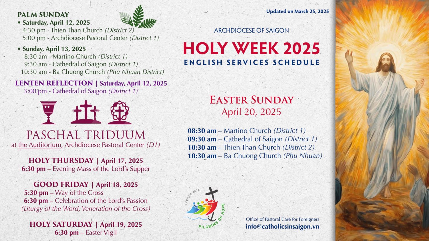 Paschal Triduum and Easter Schedule 2025 for the Expat Communities